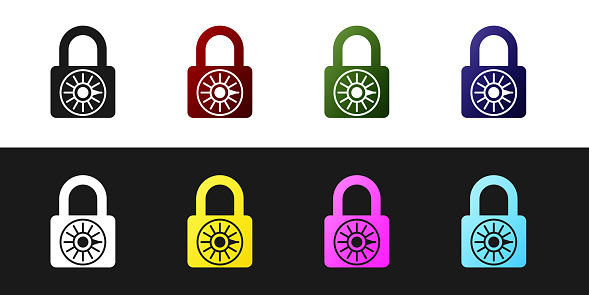 Set Veilige Combinatie Lock Wiel Icoon Geïsoleerd Op Zwartwit