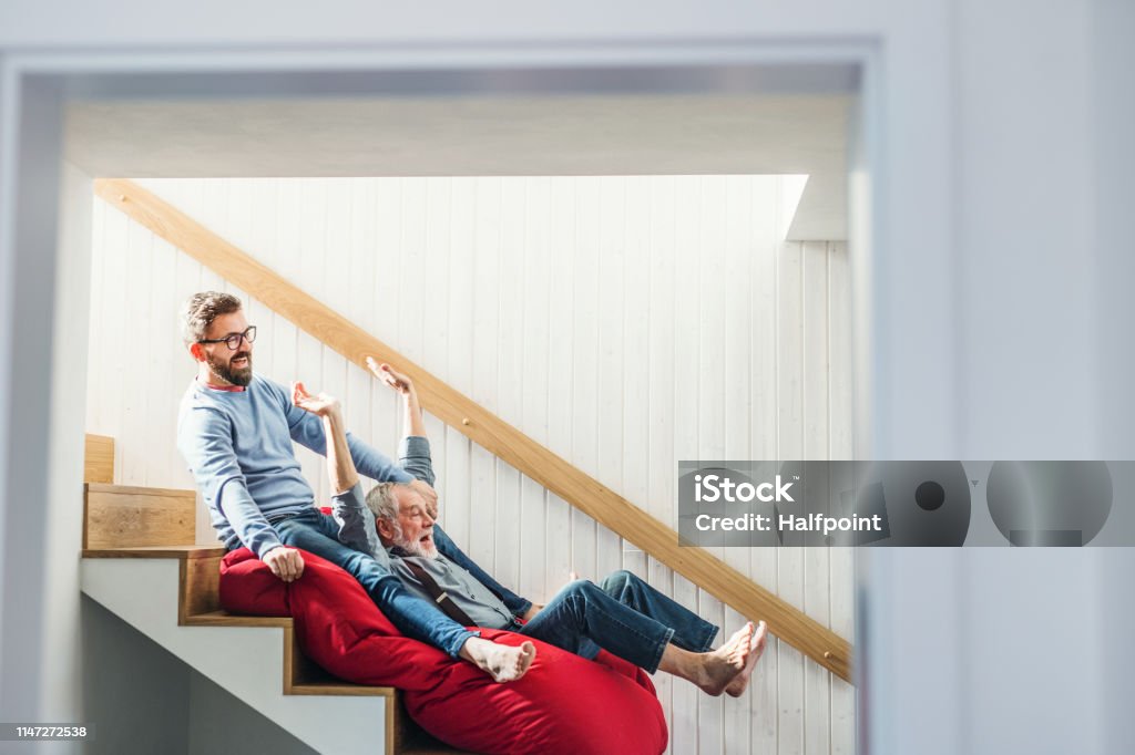 An Adult Hipster Son And Senior Father Indoors At Home Having Fun Stock