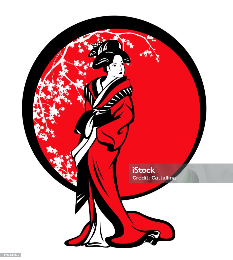 Japanese Geisha And Sakura Blossom Vector Design Stock Illustration