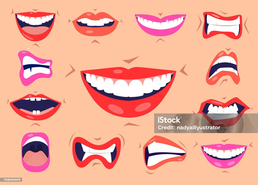 Cartoon Cute Mouth Expressions Facial Gestures Set With Pouting Lips