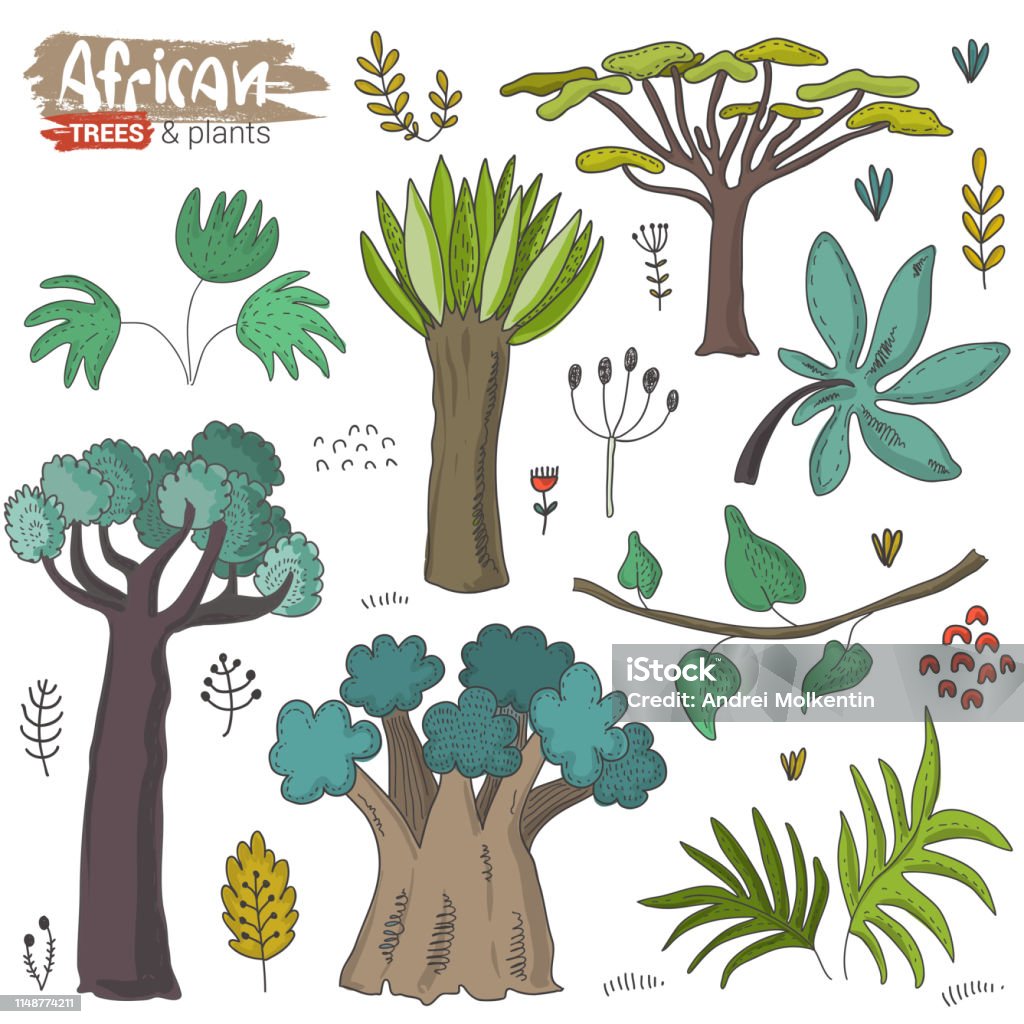 Vecteur Ensemble Darbres Et De Plantes De Dessin Animé Africain