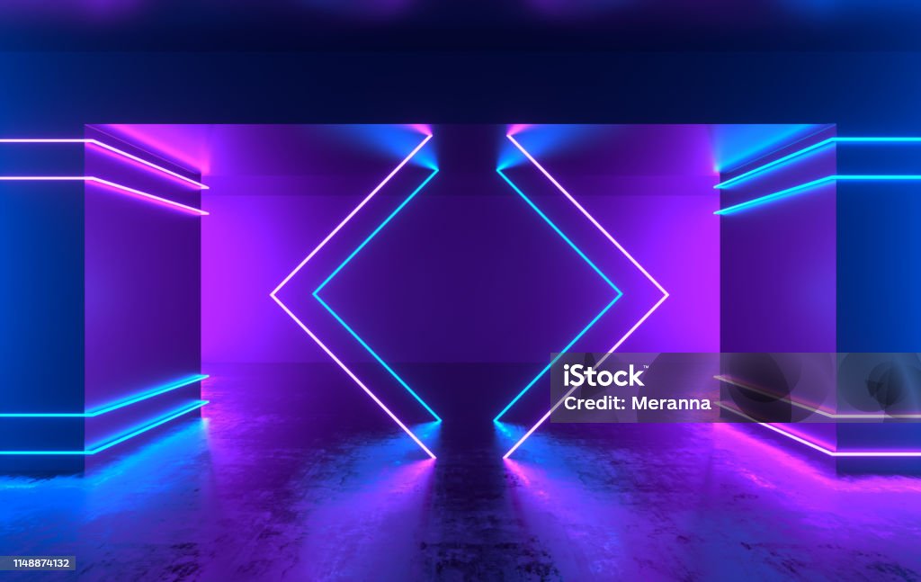 Ruang Beton Scifi Futuristik Dengan Neon Bercahaya Portal Realitas