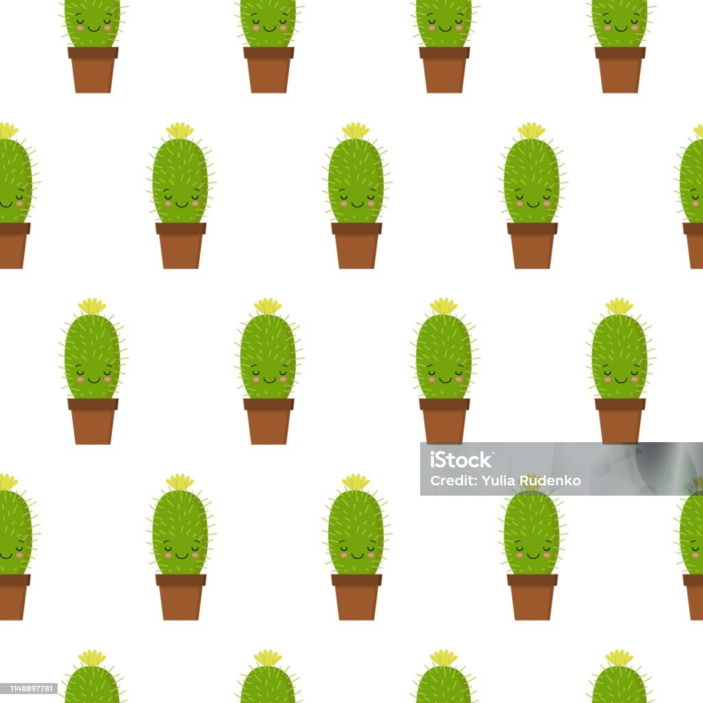 Seamless Pattern With Cute Kawaii Cactus With Funny Faces Isolated On