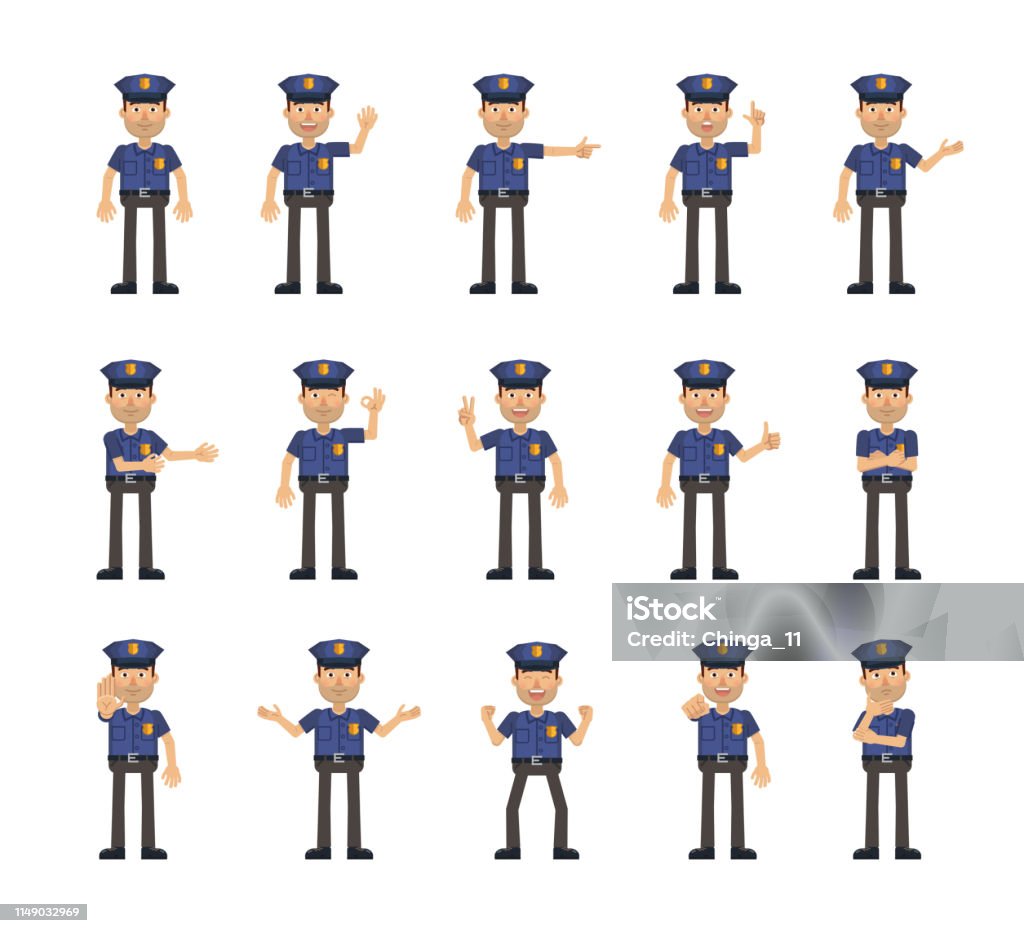 Jeu De Personnages Policiers Montrant Différents Gestes De La Main