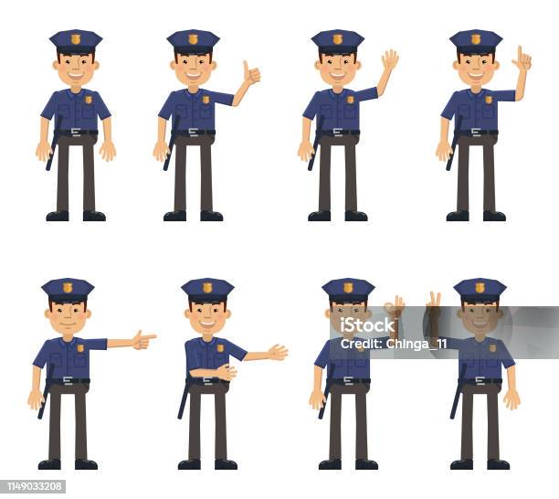 Jeu De Personnages Policiers Montrant Différents Gestes De La Main