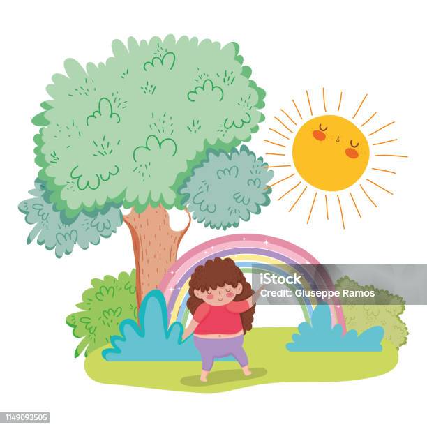 Gadis Lucu Bermain Dengan Pohon Dan Pelangi Dengan Matahari Ilustrasi ... Gadis Lucu Bermain Dengan Pohon Dan Pelangi Dengan Matahari Ilustrasi ...