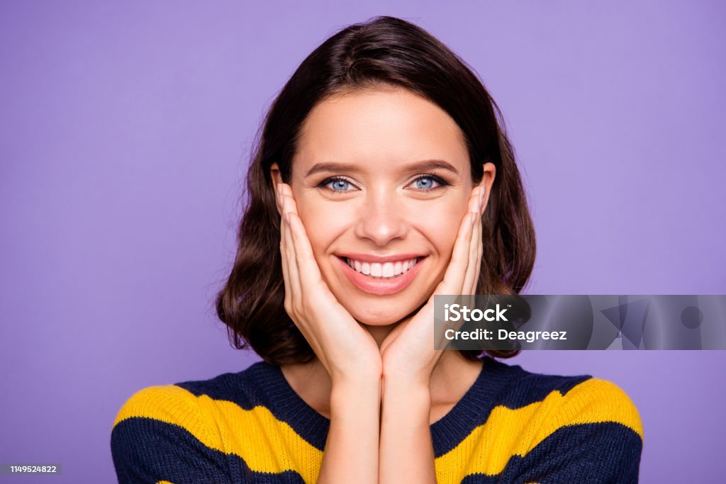 Close Up Photo Beautiful Amazing She Her Lady Arms Hands Hold Cheeks