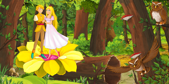 Scène De Dessin Animé Avec Heureux Jeune Elfe Fille Et Garçon Prince Et