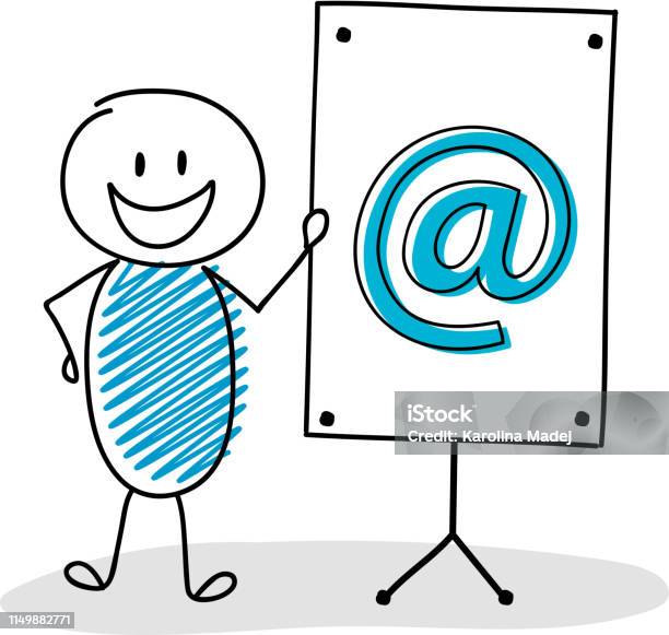 Funny Hand Drawn Stickman With Whiteboard And Email Address Icon Vector
