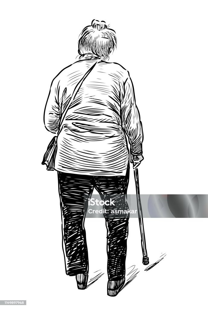 Sketch Of An Old Woman Walking With A Stick Stock Illustration