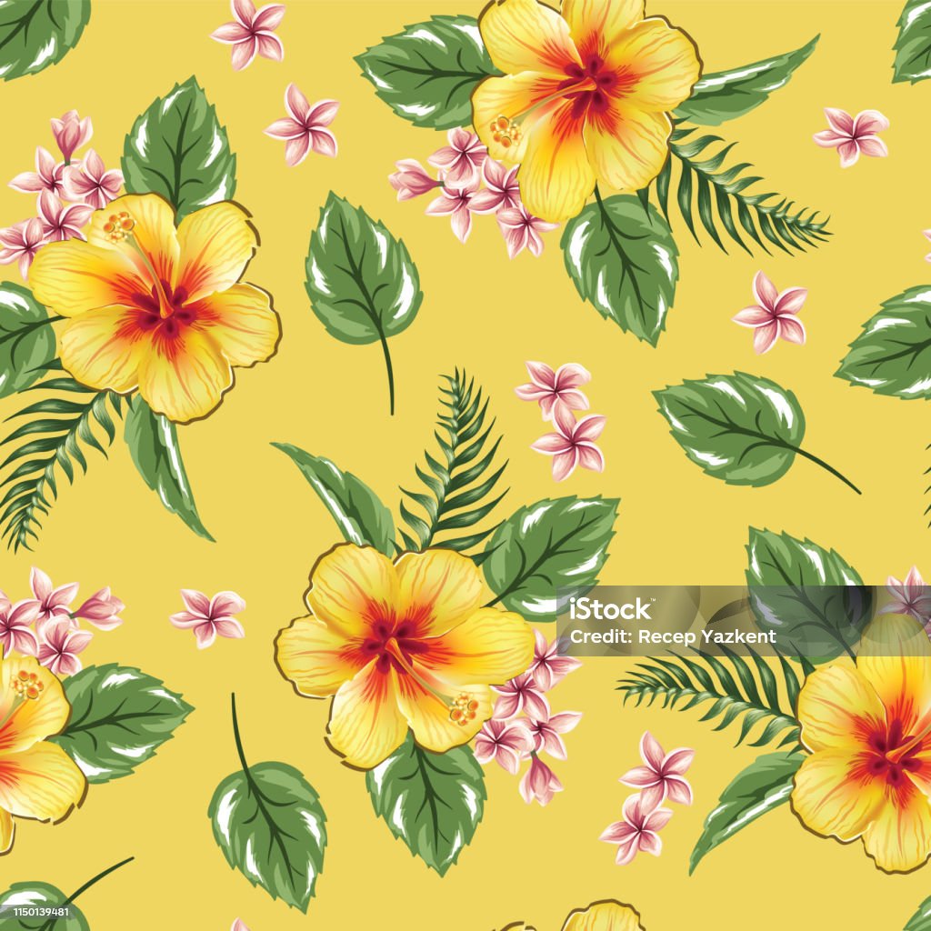 Seamless Pattern Hibiscus Flower Tropical Floral Design Stock