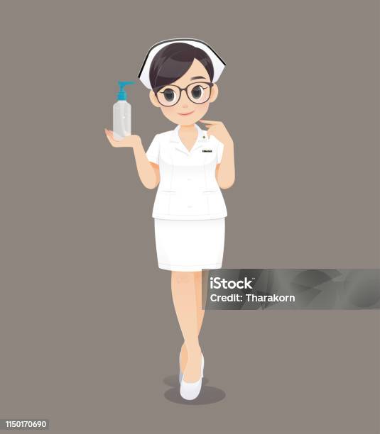Linfirmière Retenant Le Gel De Lavage Des Mains Femme De Dessin Animé