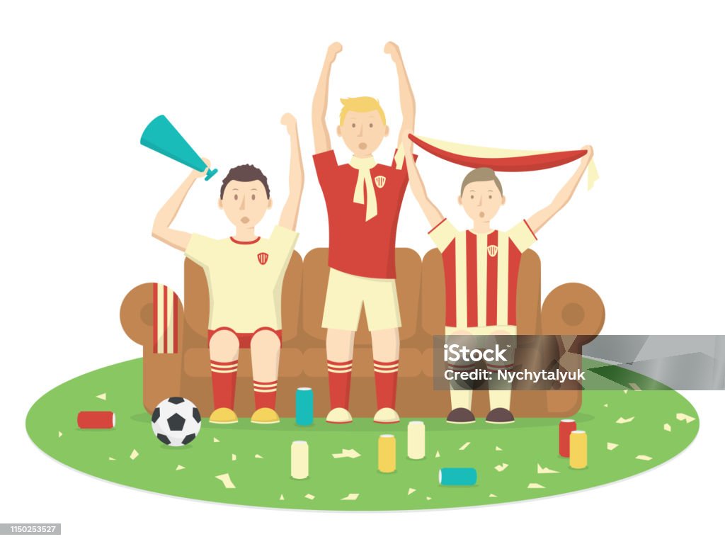 Penggemar Sepak Bola Tim Sepak Bola Menonton Pertandingan Duduk Di Sofa ... Penggemar Sepak Bola Tim Sepak Bola Menonton Pertandingan Duduk Di Sofa ...