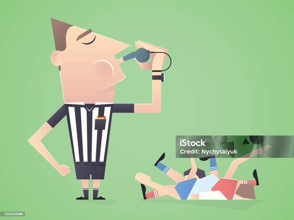 Soccer Football Referee Blows Into Whistle Over Fallen Players Stock