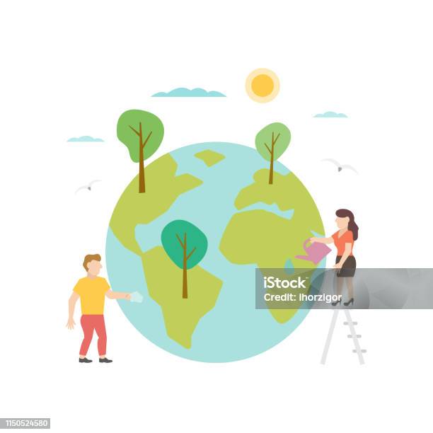 Vektor Datar Ilustrasi Ekologi Menyelamatkan Planet Bumi Konsep Di