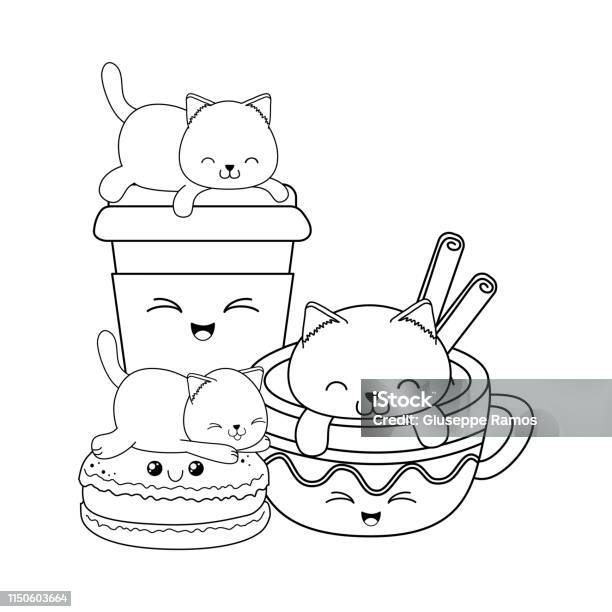 Vetores De Gatos Pequenos Bonitos Com Caráteres Do Kawaii Da Caneca De Chocolate E Mais Imagens