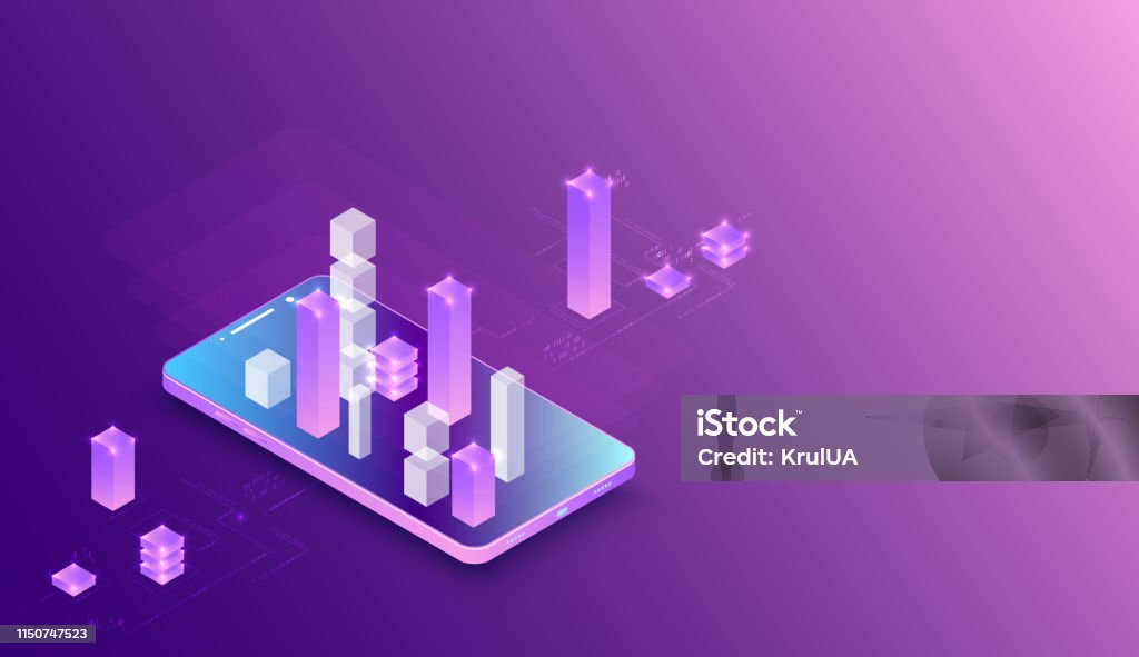 Isometric Mobile Phone Big Data Flow Processing Concept Cloud Database Abstract Technology