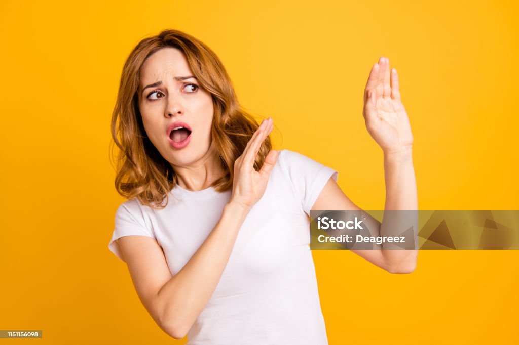 Close Up Photo Beautiful Amazing She Her Lady Hold Arms Hands Hide Self