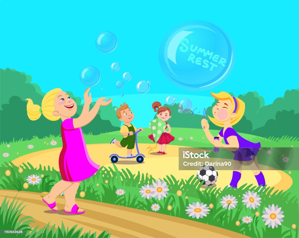Personnages De Dessin Animé Enfants Jouent Dans Le Parc Vacances Dété