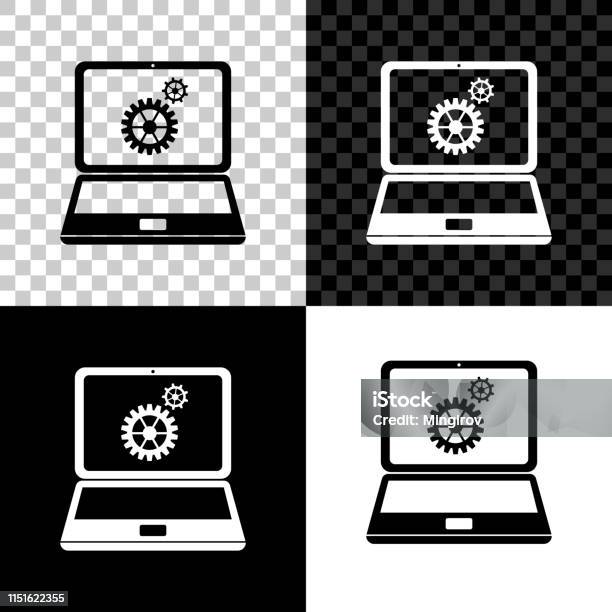 Laptop En Gears Icoon Geïsoleerd Op Zwart Wit En Transparante