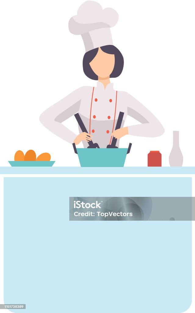 Karakter Koki Koki Wanita Pakai Seragam Dan Topi Masak Di Ilustrasi Vektor Dapur Ilustrasi Stok