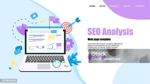 Templat Halaman Web Analisis Seo Dengan Pencarian Dan Kaca Pembesar Di