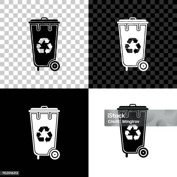 Prullenbak Met Recycle Symbool Icoon Geïsoleerd Op Zwart Wit En