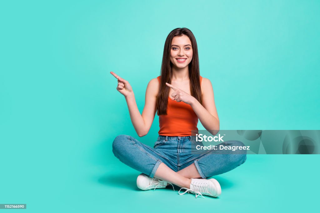 Full Length Body Size Photo Beautiful Her She Lady Sit Floor Crossed