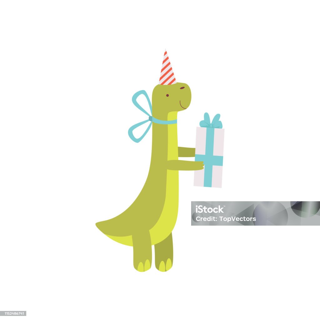 Dinosaurus Imut Di Topi Pesta Dengan Kotak Hadiah Karakter Dino Hijau ... Dinosaurus Imut Di Topi Pesta Dengan Kotak Hadiah Karakter Dino Hijau ...