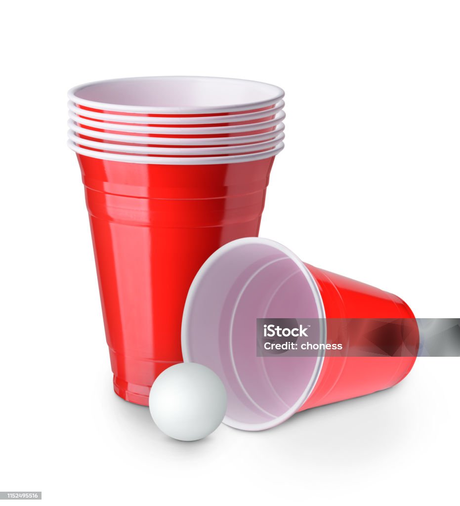 Beer Pong Red Plastic Cups And Ping Pong Ball Isolated On White