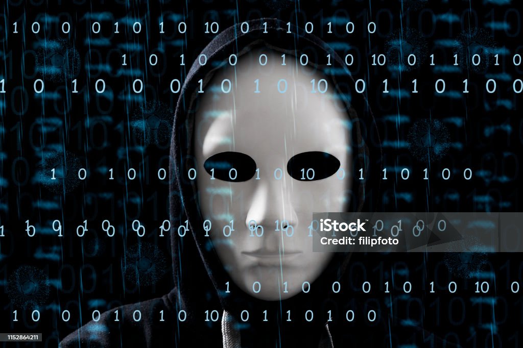 Computer Hacker With A Hood Touches The Touch Screen Binary Code Light