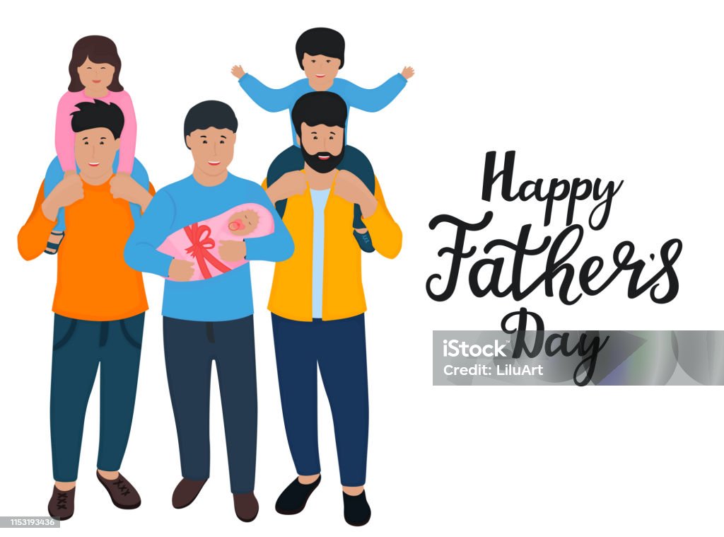 Ilustración De Papá Con Hijos Tarjeta De Felicitación Para El Día Del Padre Un Hombre Con Un
