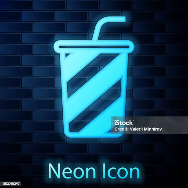 Gloeiende Neon Glas Met Water Icoon Geïsoleerd Op Bakstenen Muur