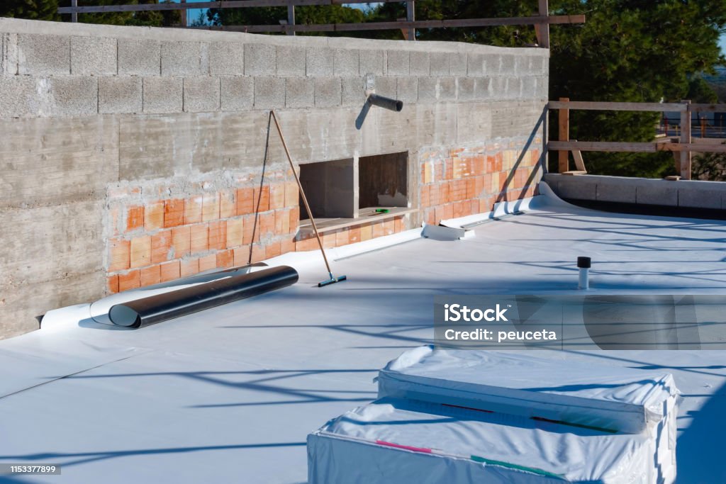 Worker On Application Synthetic Waterproofing Pvcp And Tpo Fpo Stock