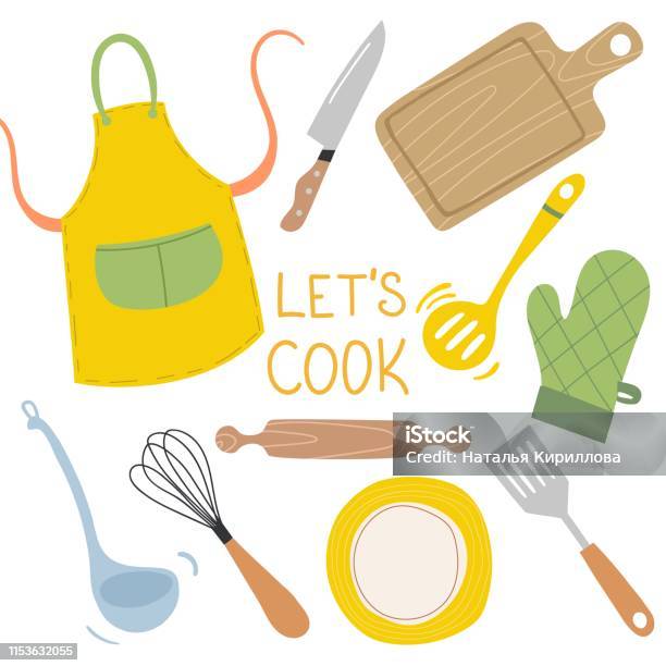 Lets Cook Set Ikon Vektor Doodle Berwarna Dapur Ilustrasi Stok Unduh