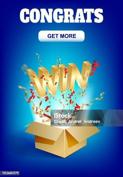 Win Gold Text Open Box With Confetti Explosion Inside And Golden Win Word Flying Particles From