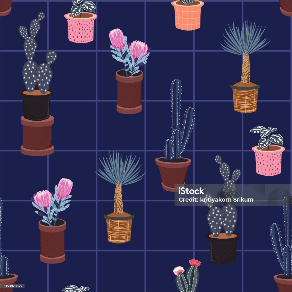 Kaktus Dalam Banyak Jenis Pot Di Garis Cek Jendela Pola Mulus Vector