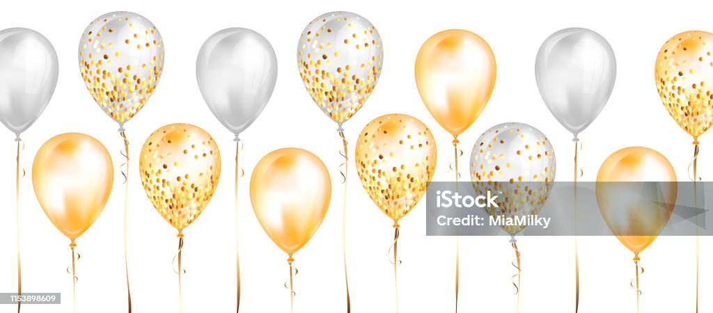 Flying Glossy White And Yellow Shiny Realistic 3d Helium Balloons With