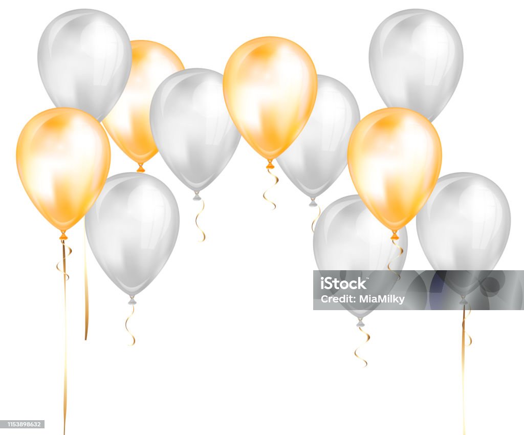 Flying Glossy White And Yellow Shiny Realistic 3d Helium Balloons With