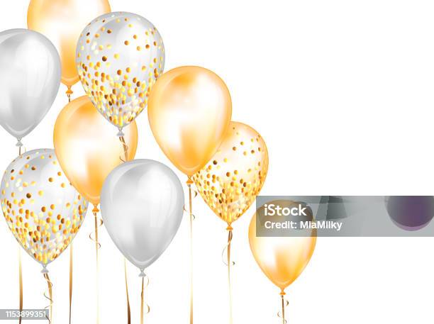 Flying Glossy White And Yellow Shiny Realistic 3d Helium Balloons With