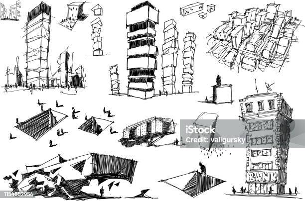 Ilustración De Muchos Bocetos Arquitectónicos De Una Arquitectura