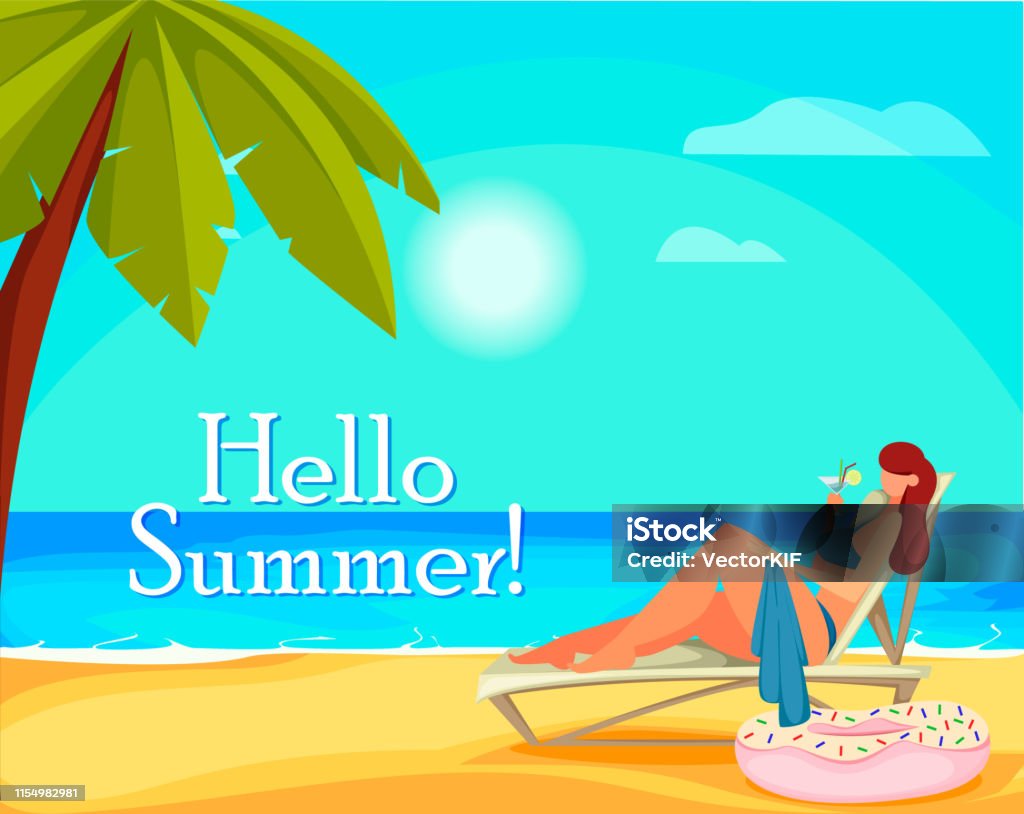 Young Woman Sunbathes On The Beach Stock Illustration Download Image