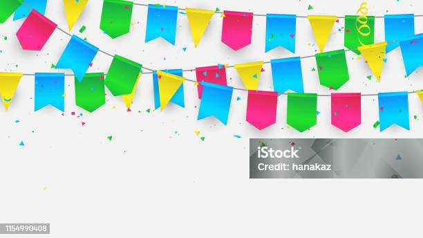Template Latar Belakang Perayaan Dengan Bendera Confetti Bingkai Pita