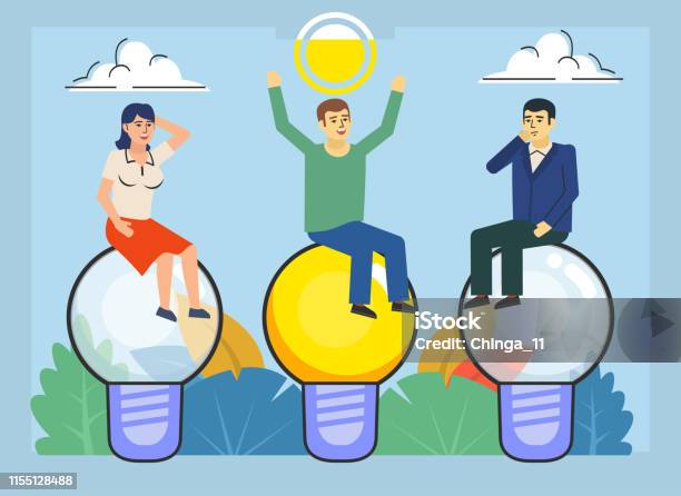 Orangorang Duduk Di Bola Lampu Ide Brainstorming Menghasilkan Ide