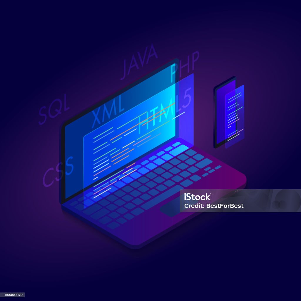 Web Development Programming And Coding Sites In Isometric Design Html Java Php Sql Css Concept