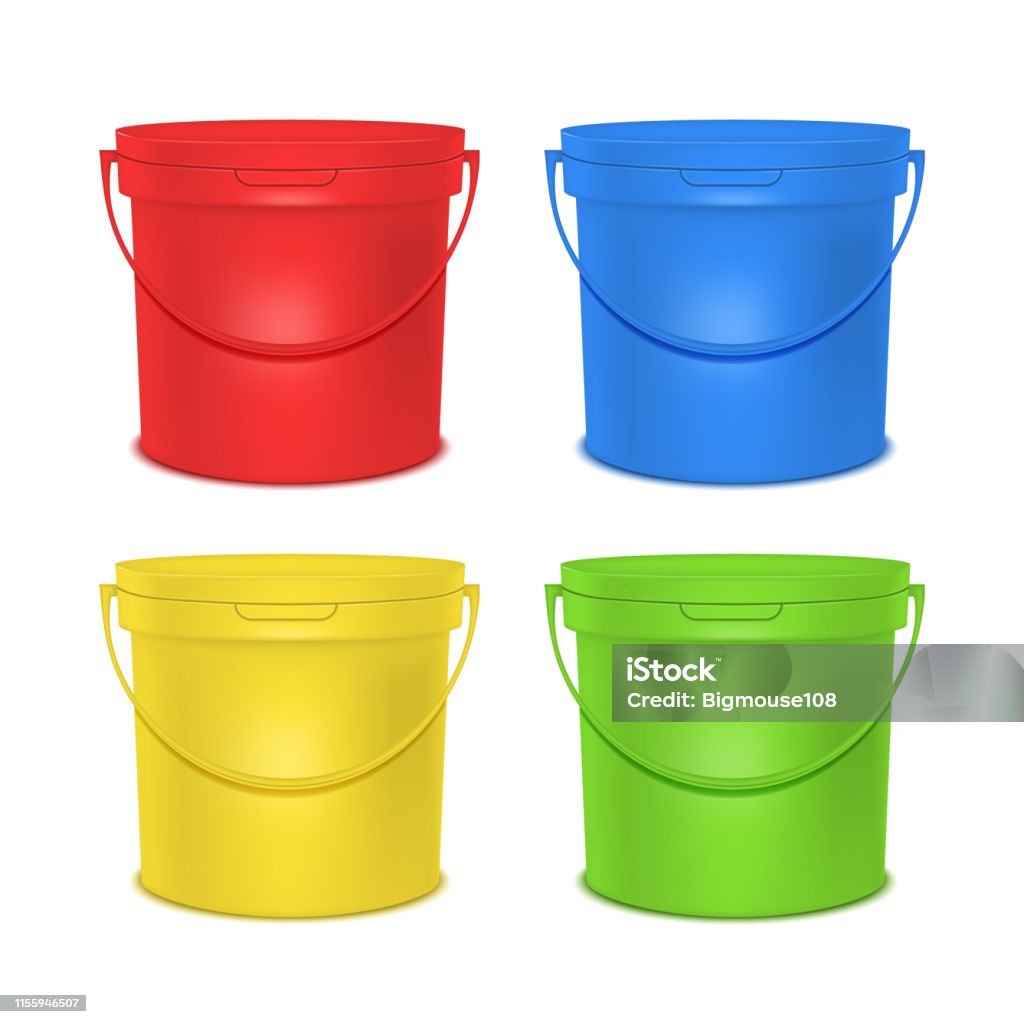 Realistis Rinci 3d Warna Kosong Bucket Plastik Template Mockup Set ... Realistis Rinci 3d Warna Kosong Bucket Plastik Template Mockup Set ...