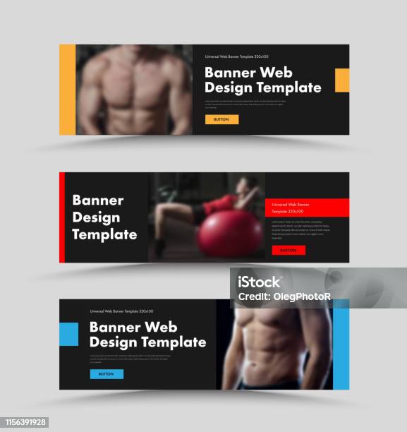 Set Spanduk Web Hitam Horizontal Vektor Dengan Tempat Untuk Elemen Dan