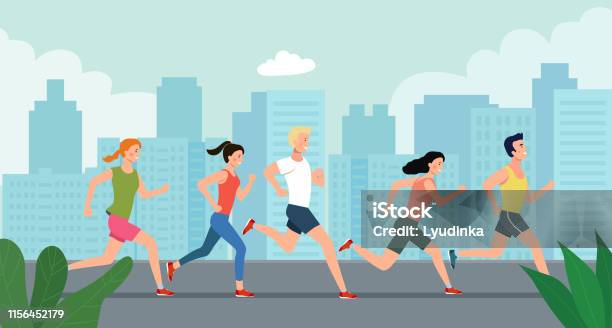 Orangorang Berlarian Maraton Di Latar Belakang Kota Ilustrasi Gaya