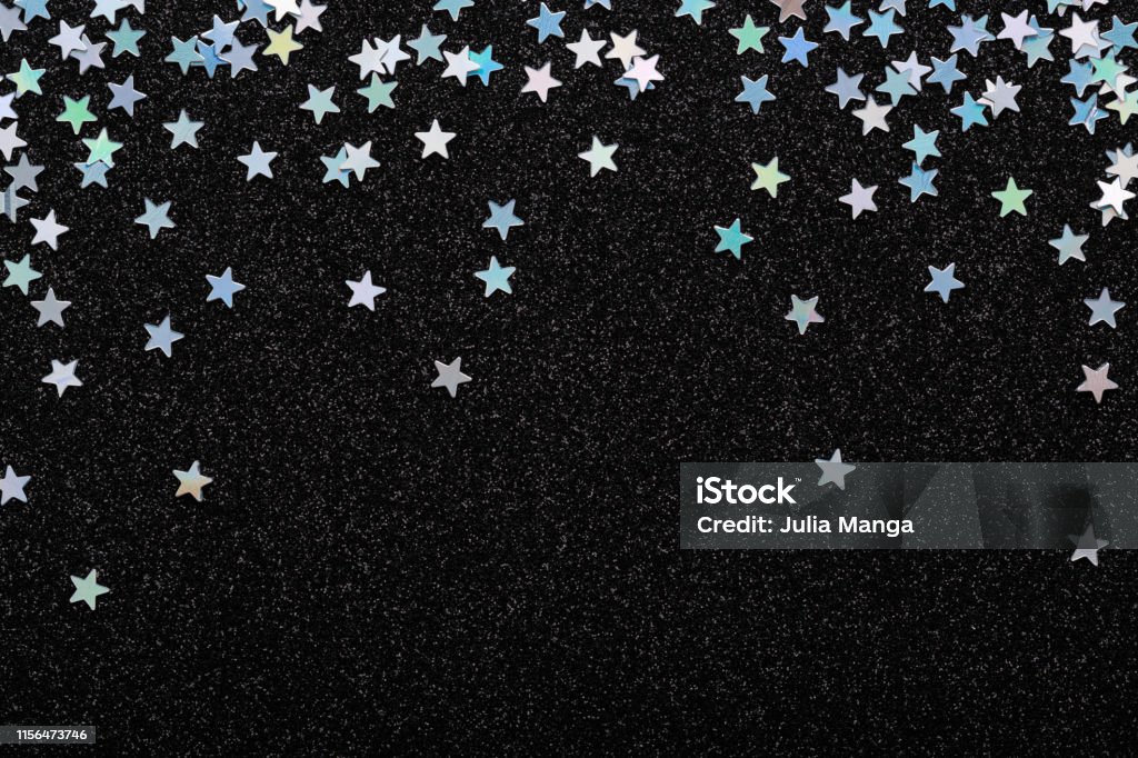 Falling Iridescent Silver Stars Confetti On Black Festive Background
