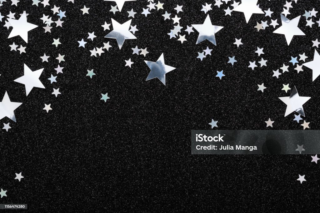 Falling Silver Stars Confetti On Black Festive Background Glowing